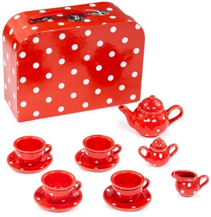Bigjigs Toys Piros pöttyös teáskészlet - Konyhai kiegészítők | JatekRaj.hu